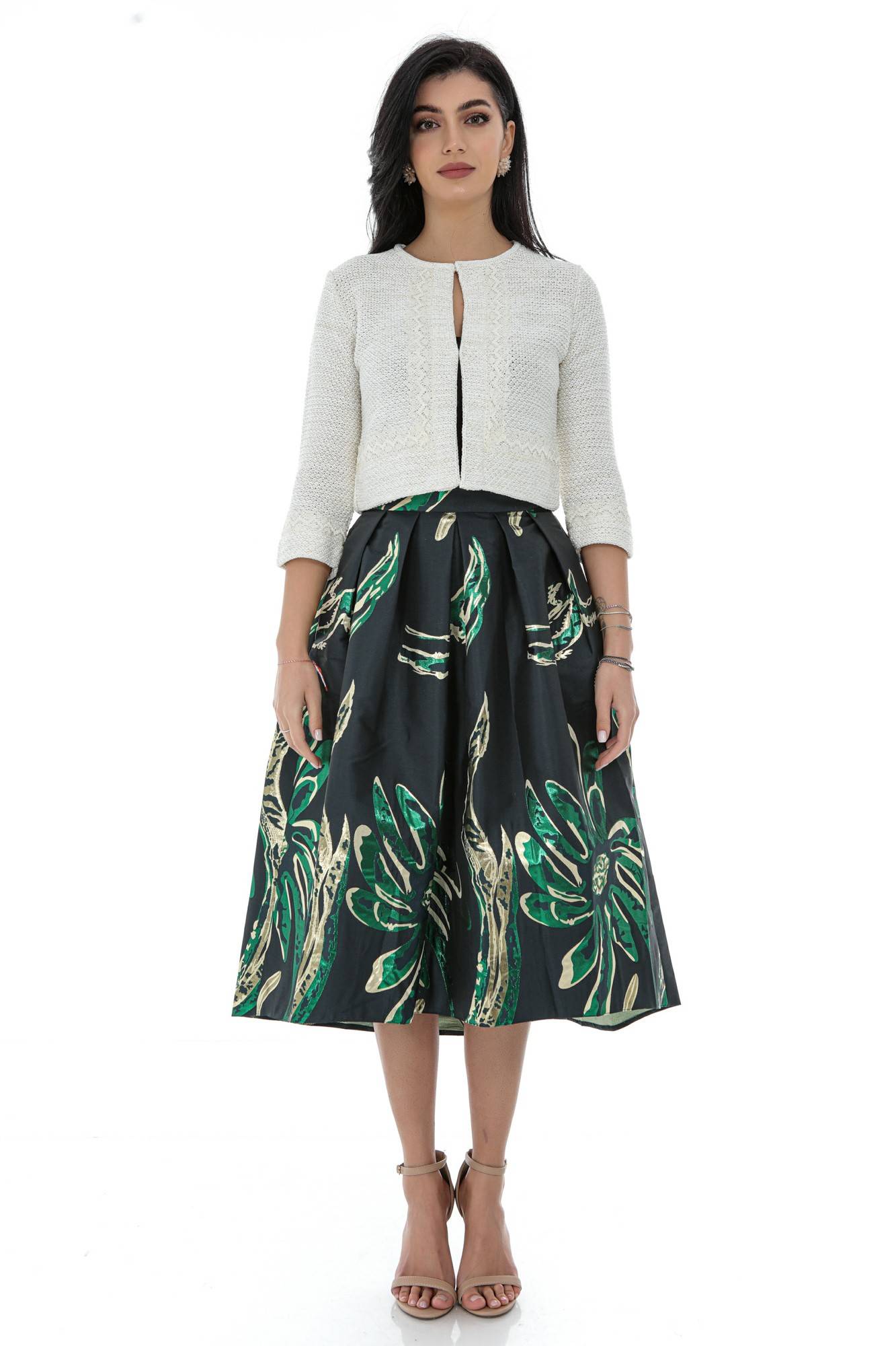 Sacou scurt de dama, ROH, BR2415, crem, tricotat, cu detalii de dantela ...